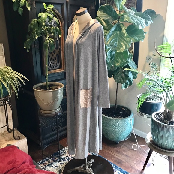 L Love | Sweaters | Ava Hooded Sequin Gray Duster Cardigan Sweater ...